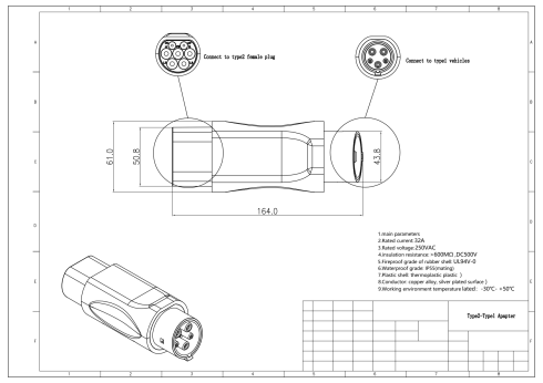 Ladekabel-Adapter kurz Typ 2 ->Typ 1, 7.4 kW, 32 A / 250 V – Hoelzle