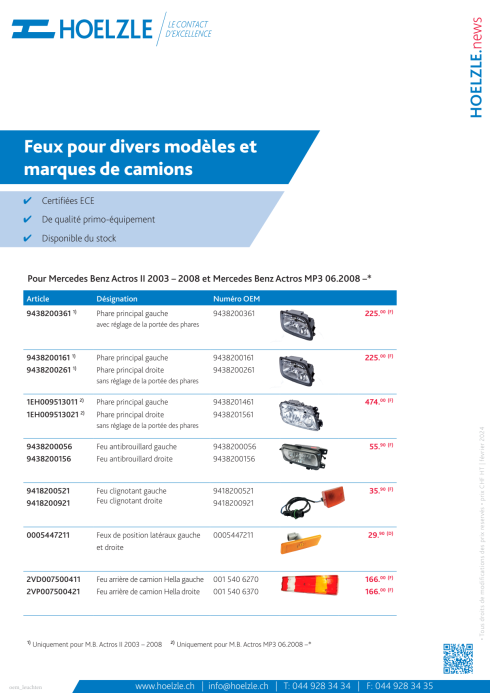 Phare principal gauche Mercedes Benz Actros II 2003-2008 – Hoelzle