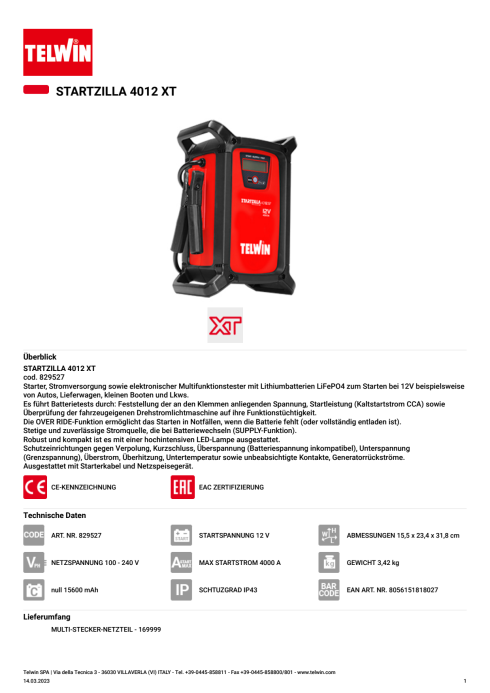 Telwin - Startzilla 4012 XT, 12 V – Hoelzle